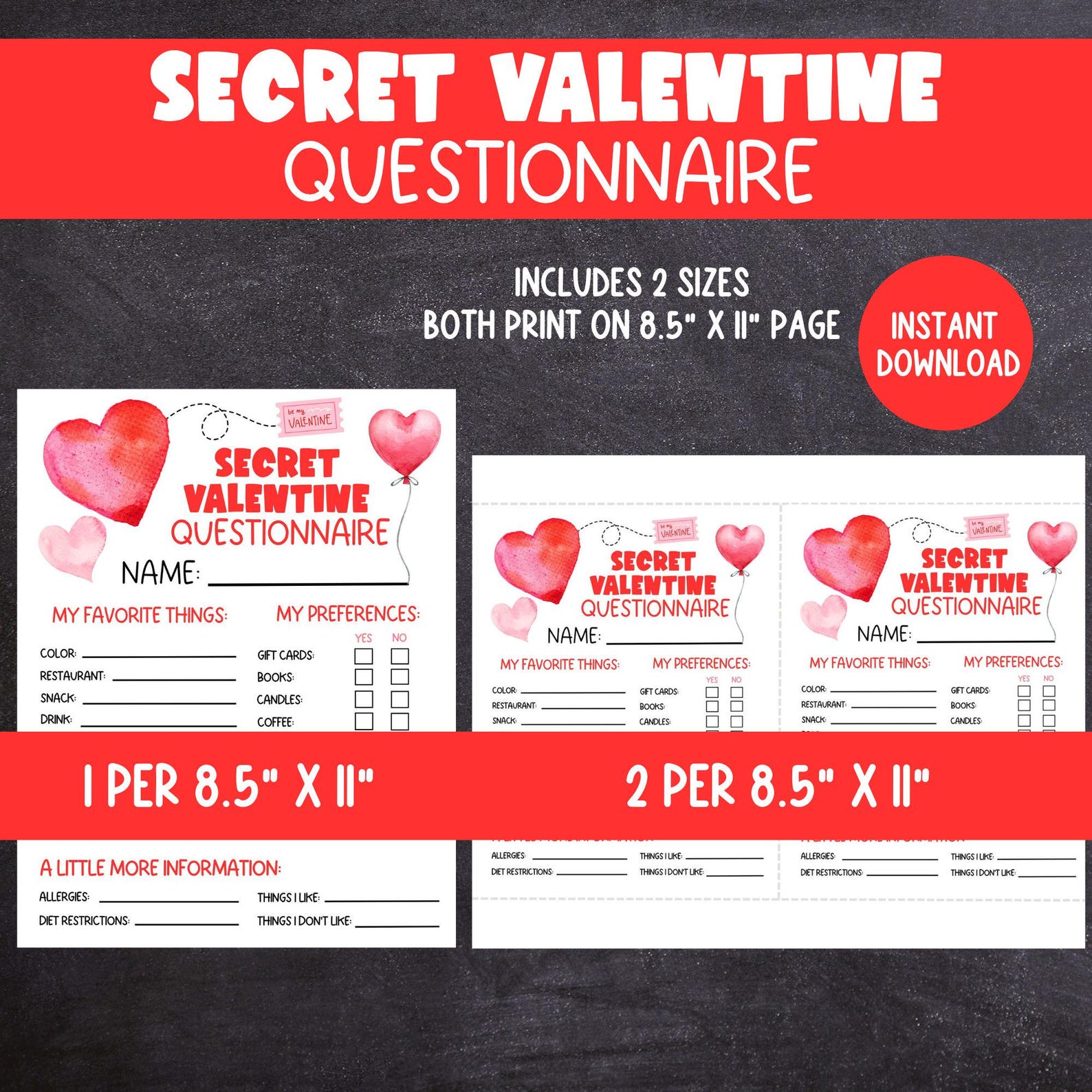 Printable Secret Valentine Questionnaire for Valentine Gift Exchange ...