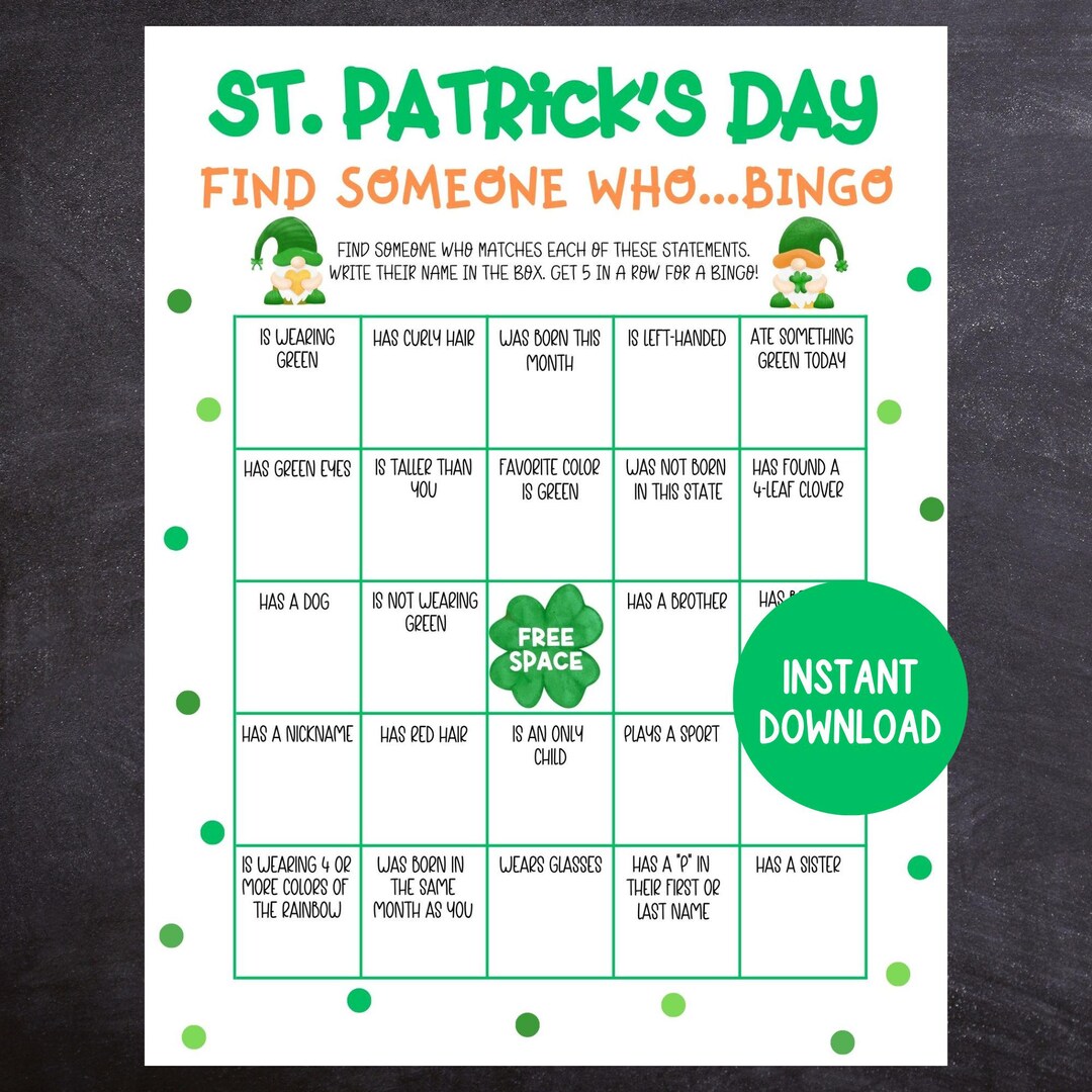 St. Patrick's Day Find Someone Bingo Game, Printable Human Bingo, St ...