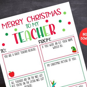 Teacher Christmas Card, Printable Kids Christmas Card for Teachers ...
