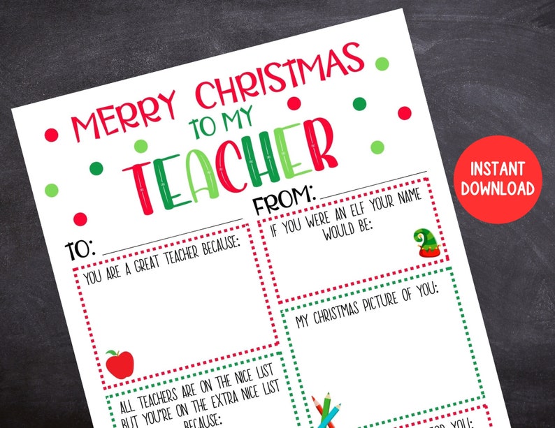 Teacher Christmas Card, Printable Kids Christmas Card for Teachers ...