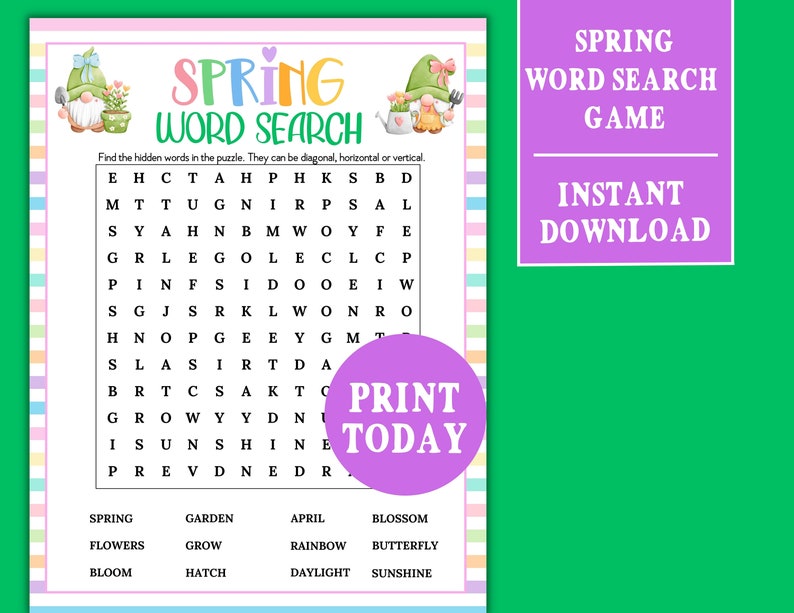 Spring Word Search, Spring Game, Word Search, Printable Game for Spring ...