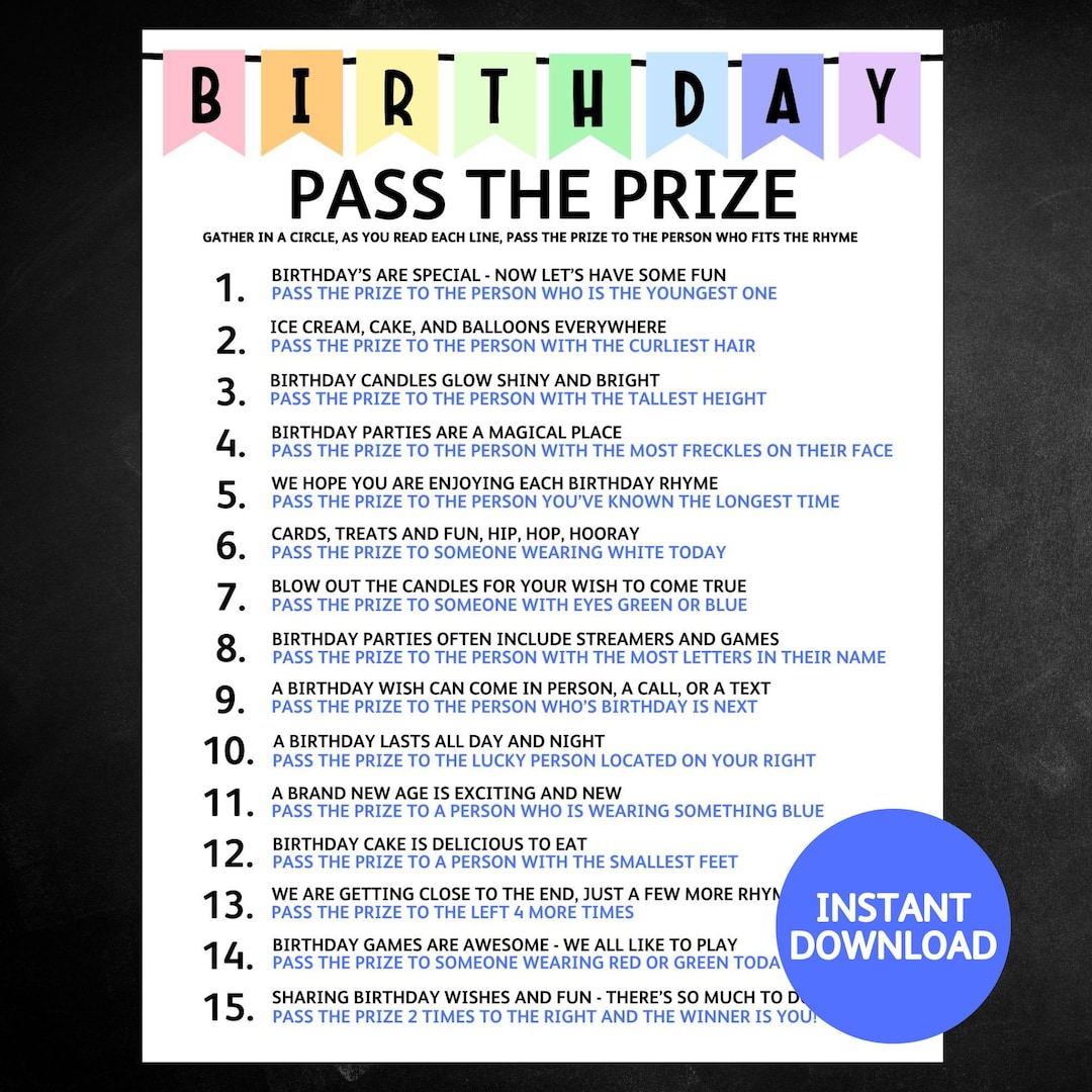 Birthday Pass the Prize Game, Printable Group Birthday Game, Left Right ...