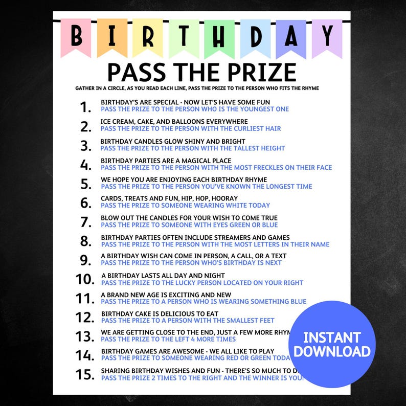 Birthday Pass the Prize Game, Printable Group Birthday Game, Left Right ...