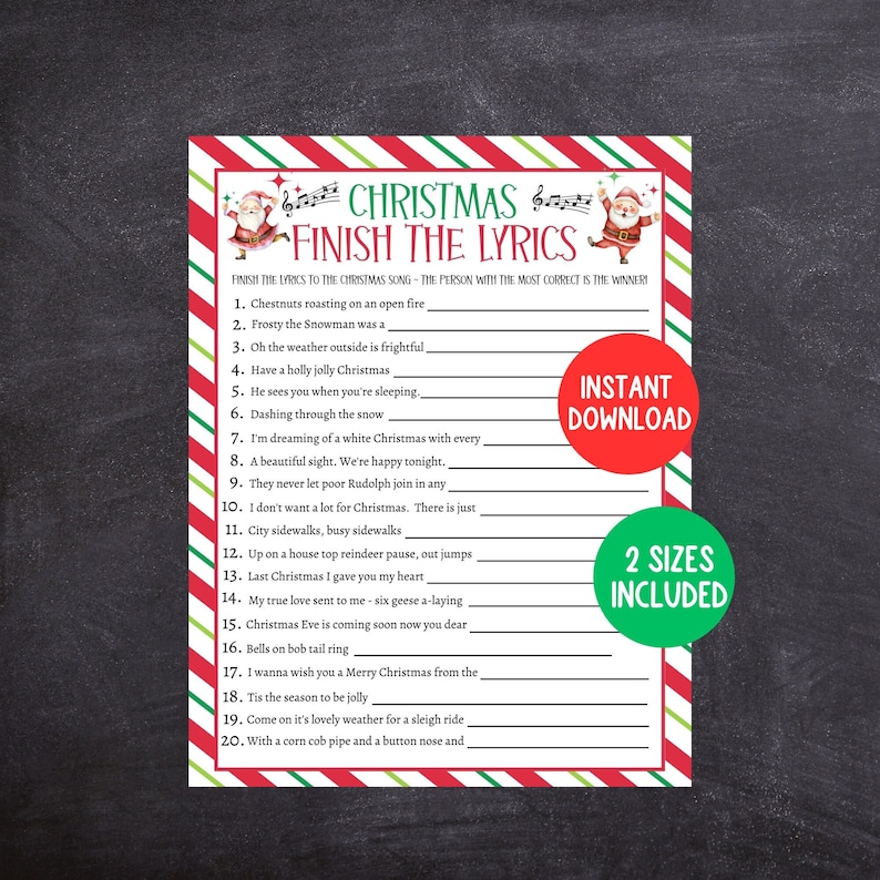 Printable Christmas Game, Christmas Song Trivia Game, Christmas Finish ...