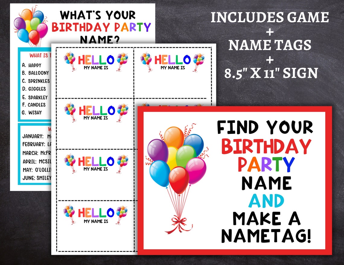 What's Your Birthday Party Name Game WITH Name Tags & Sign, Birthday ...