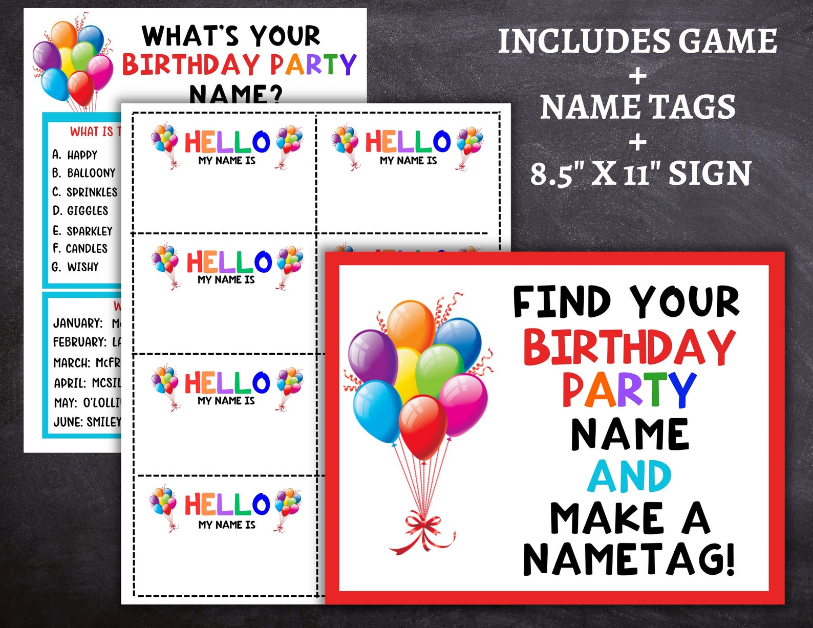 What's Your Birthday Party Name Game WITH Name Tags & Sign, Birthday ...