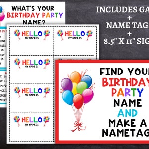 What's Your Birthday Party Name Game WITH Name Tags & Sign, Birthday ...