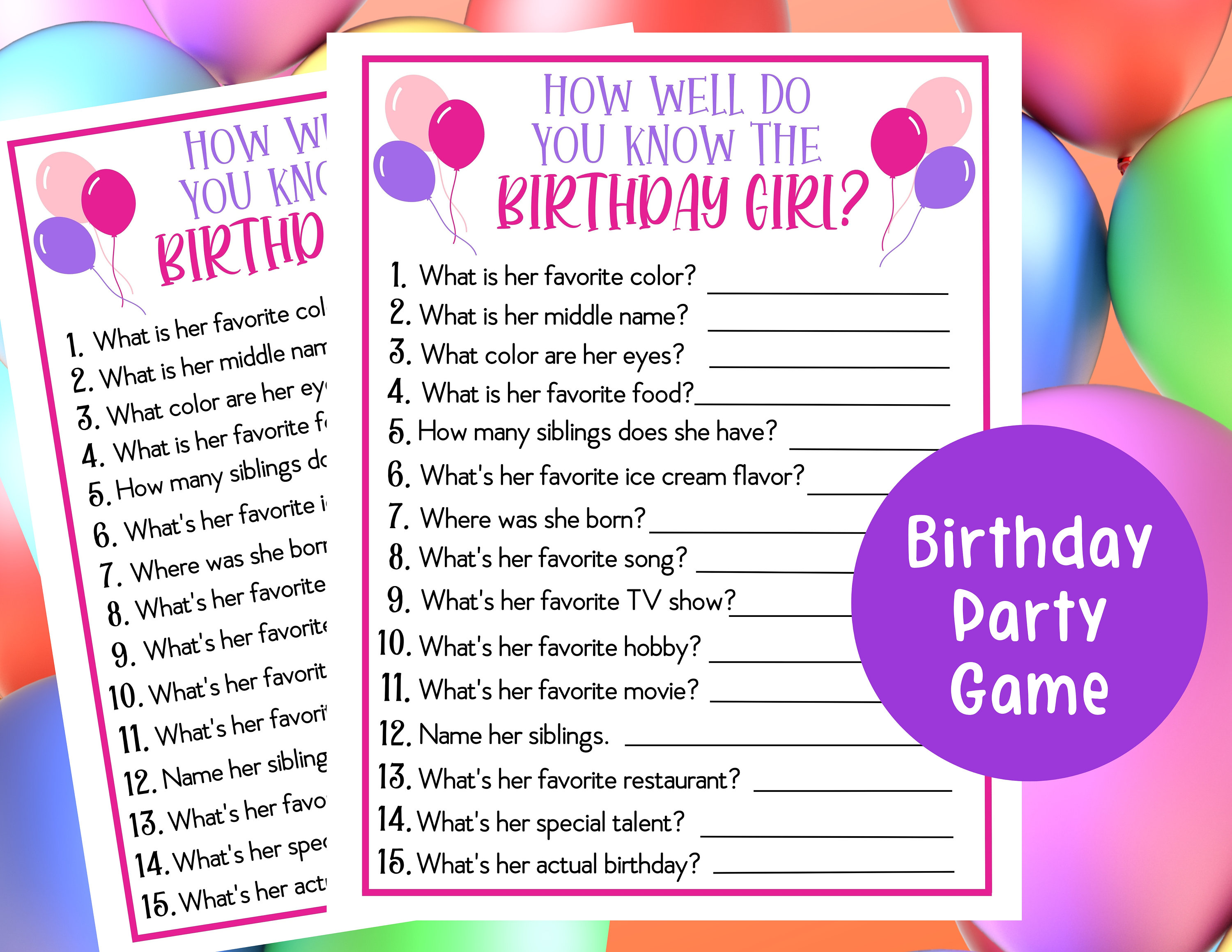 Birthday Girl Trivia Game, Kid Birthday Party Game, Birthday ...