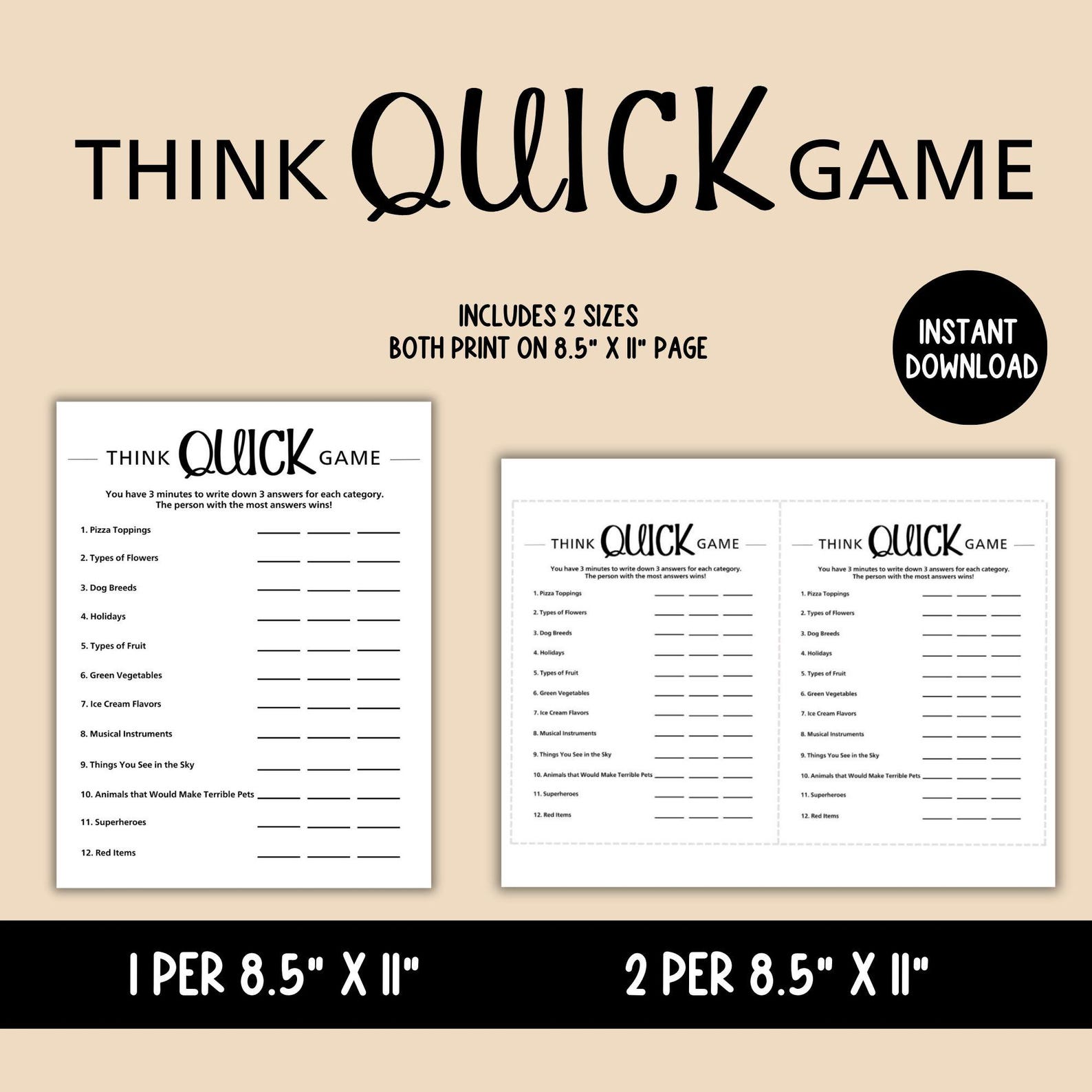 Icebreaker Game, Printable Think Quick Game, Printable Party Game, Game ...