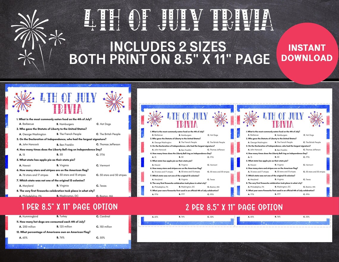 4th of July Trivia, 4th of July Game, Printable Independence Day Game ...