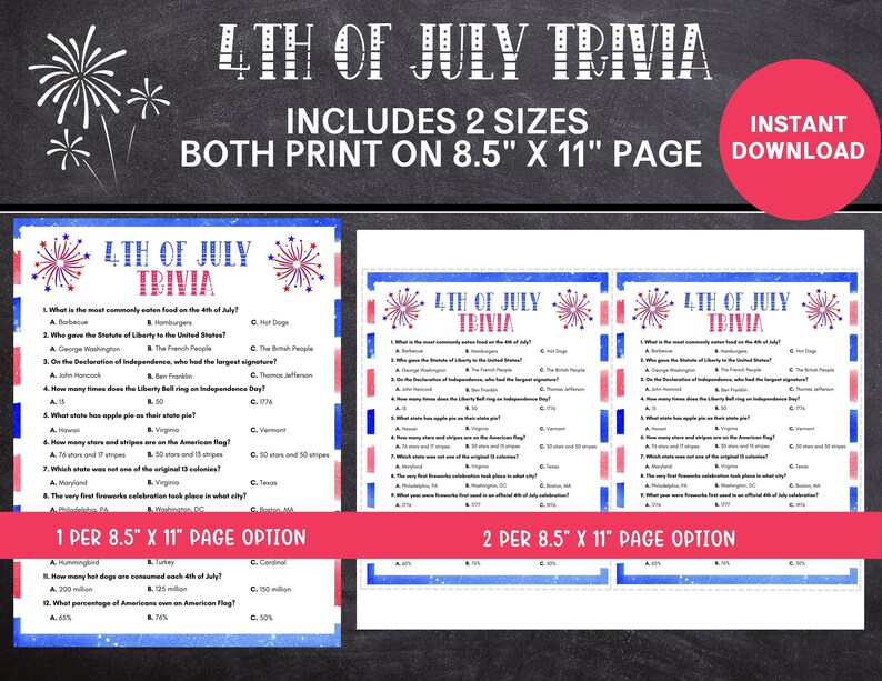 4th of July Trivia, 4th of July Game, Printable Independence Day Game ...