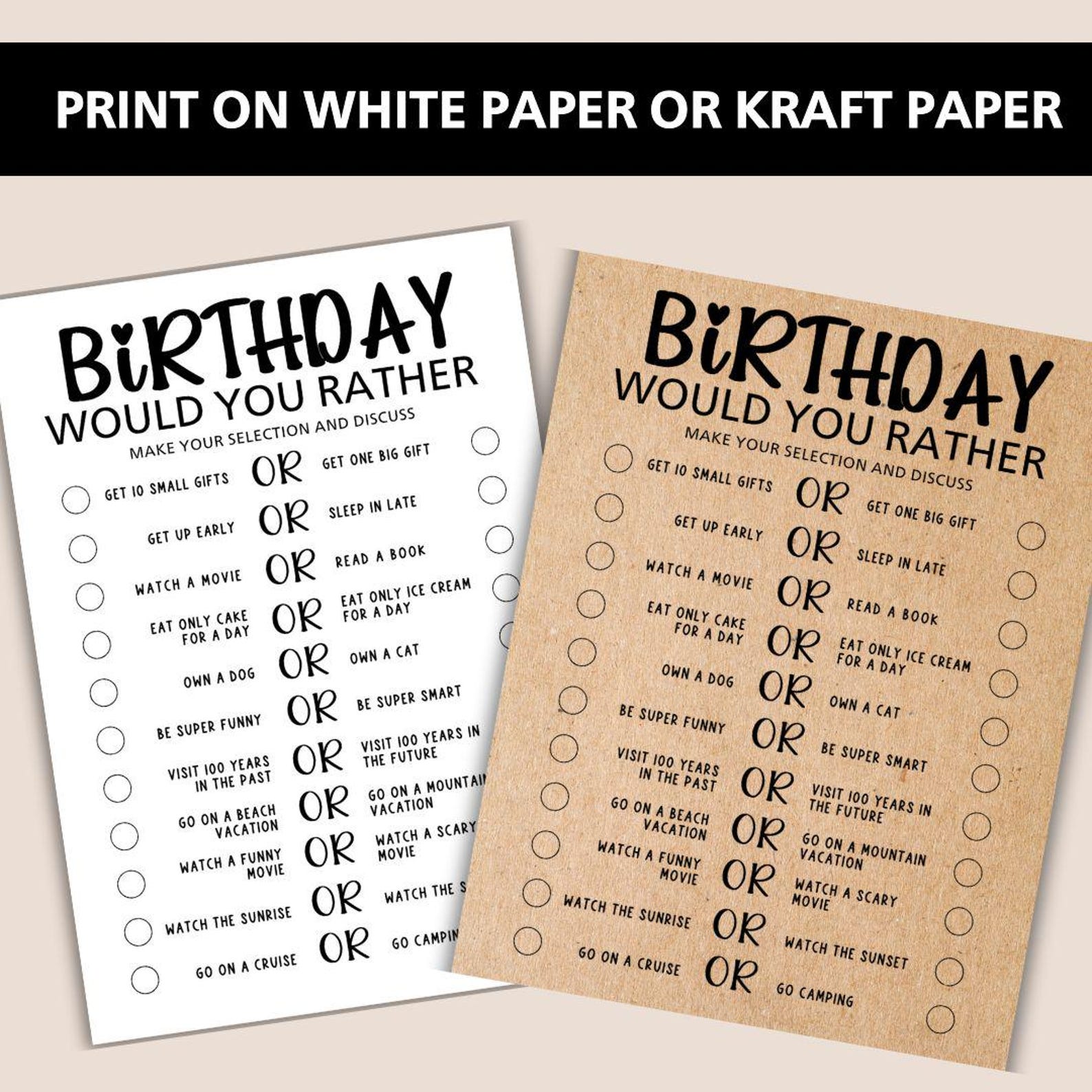 Birthday Game, Printable Would You Rather Game, Easy Party Starter Game ...