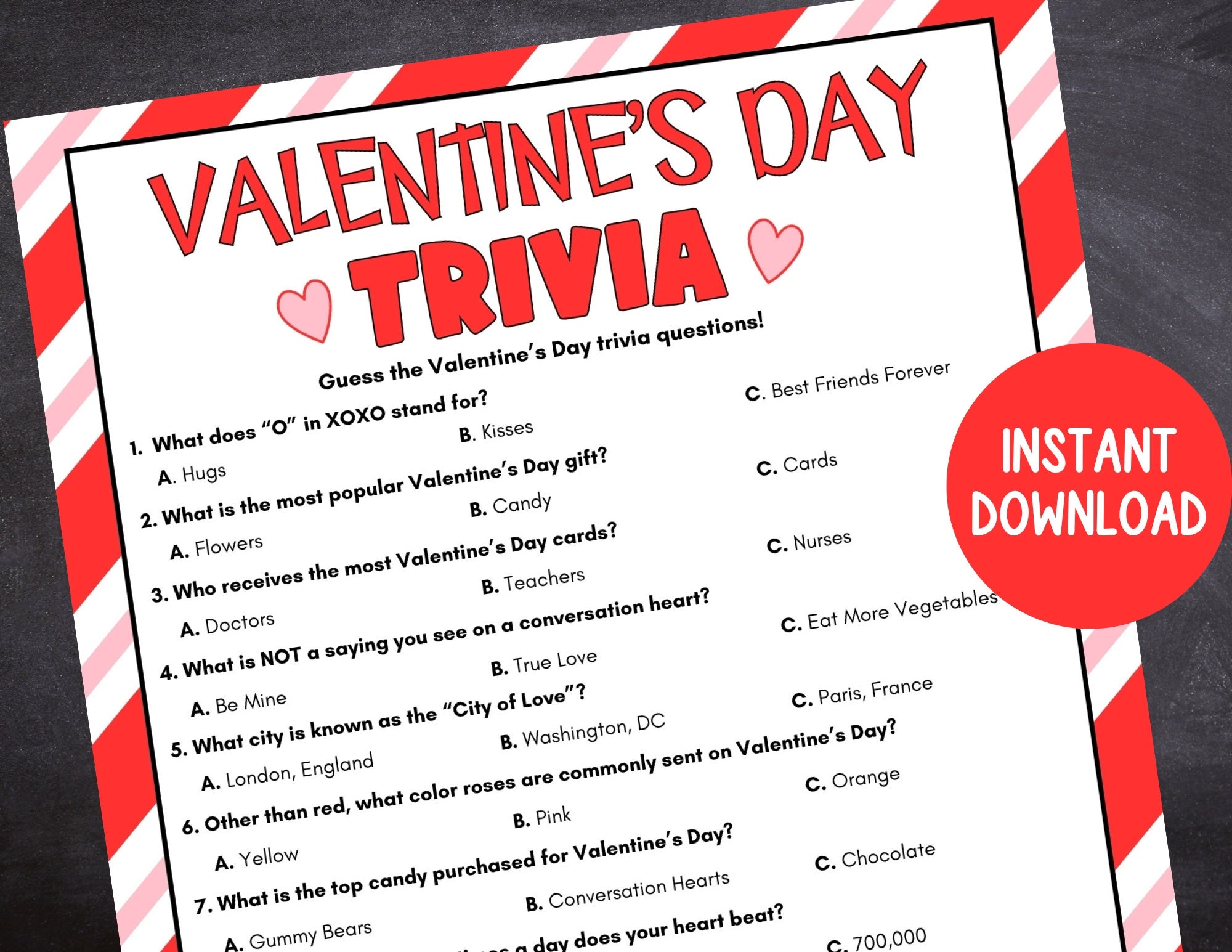 Valentines Day Trivia Game Printable Valentines Party Game Easy
