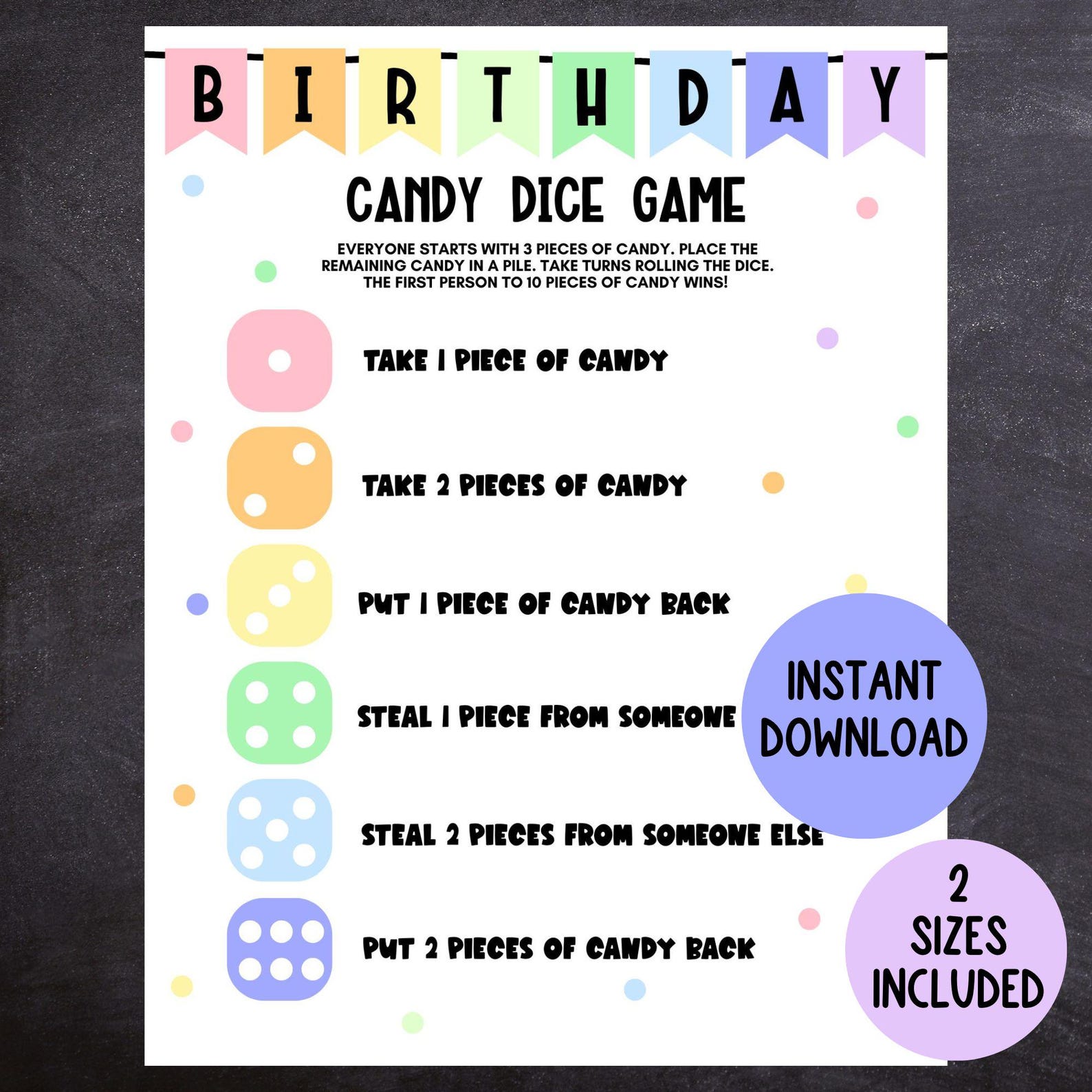 Birthday Candy Dice Game, Printable Pastel Birthday Party Game, Fun ...
