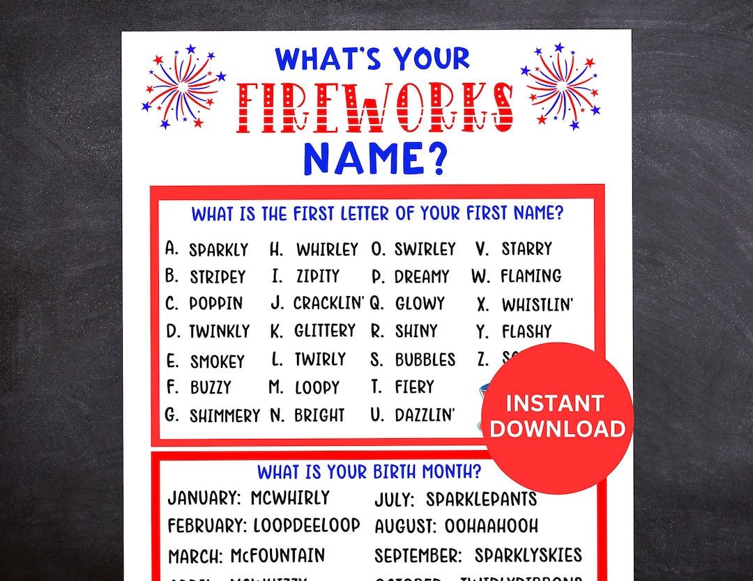 4th of July Game, What is Your Fireworks Name WITH Name Tags and Sign ...
