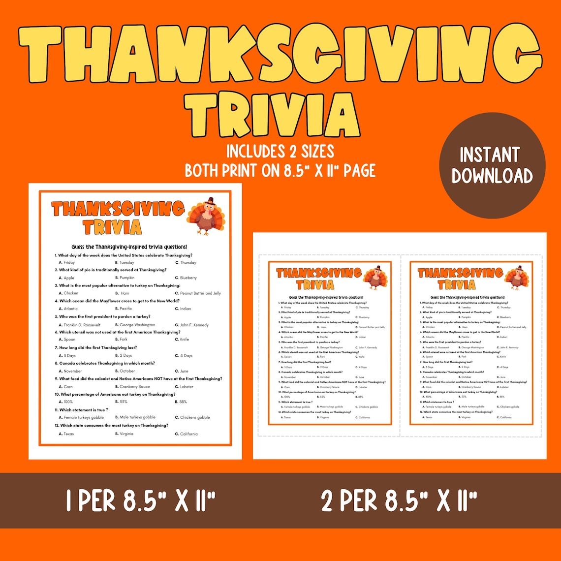 Thanksgiving Trivia Game, Printable Thanksgiving Party Game ...