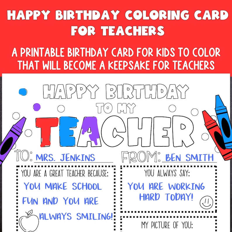 Teacher Birthday Coloring Card, Printable Kids Birthday Card for ...