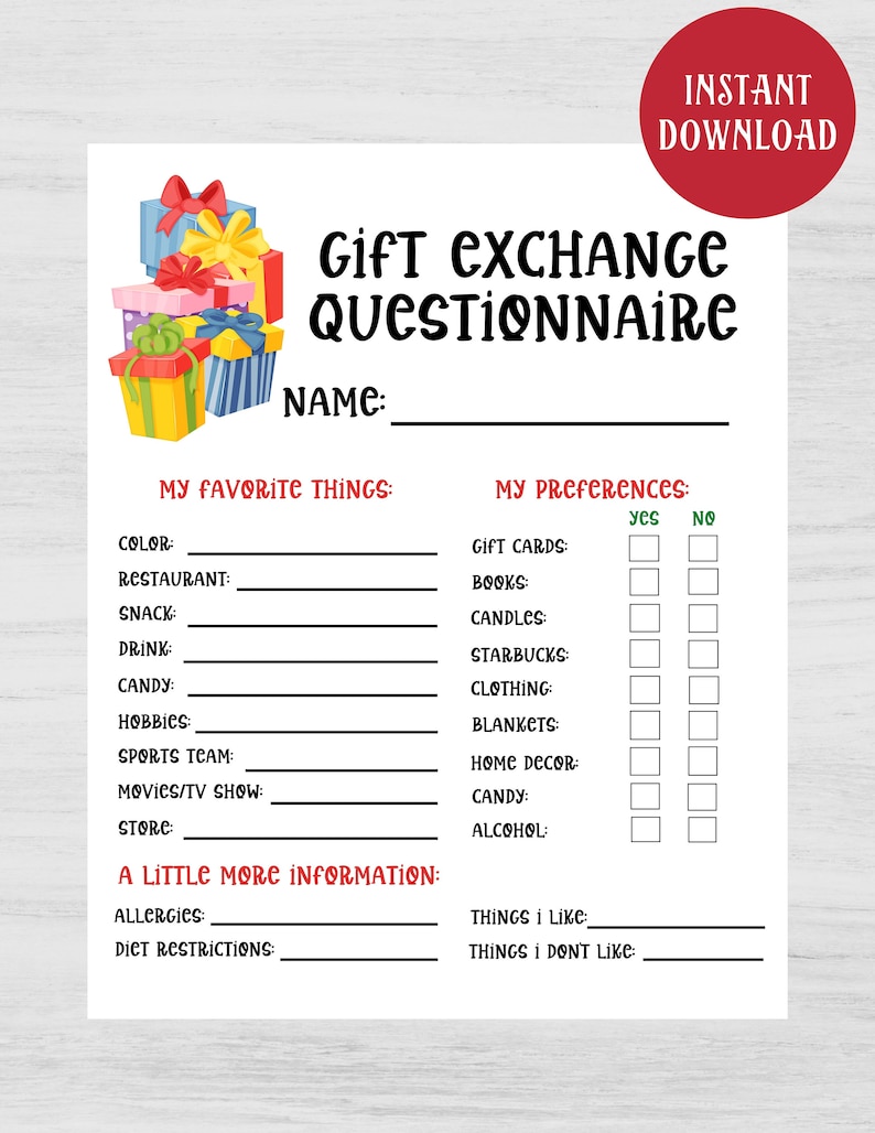 Gift Exchange Questionnaire, Christmas Secret Santa Form, Holiday Gift ...
