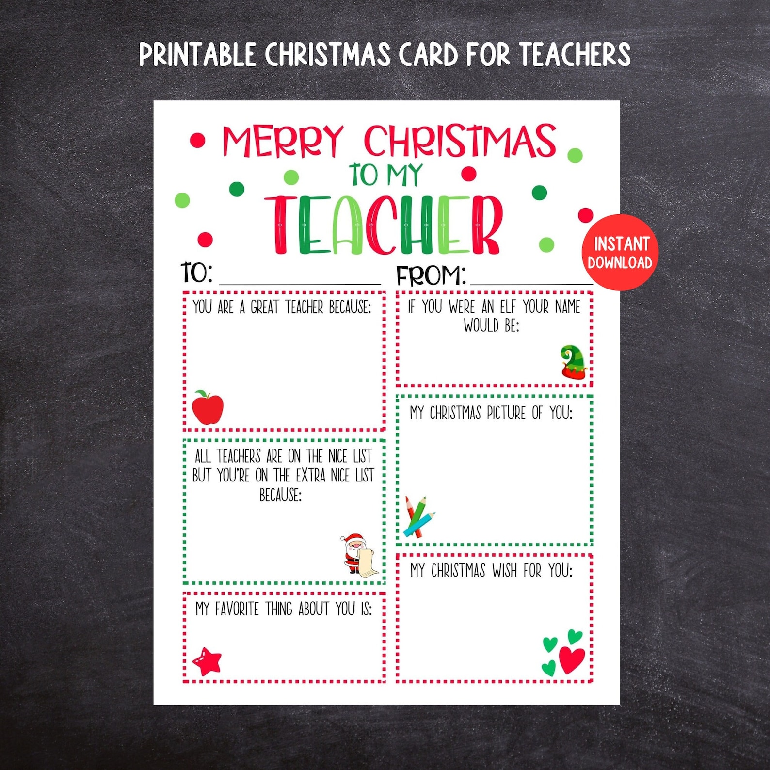 Teacher Christmas Card, Printable Kids Christmas Card for Teachers ...