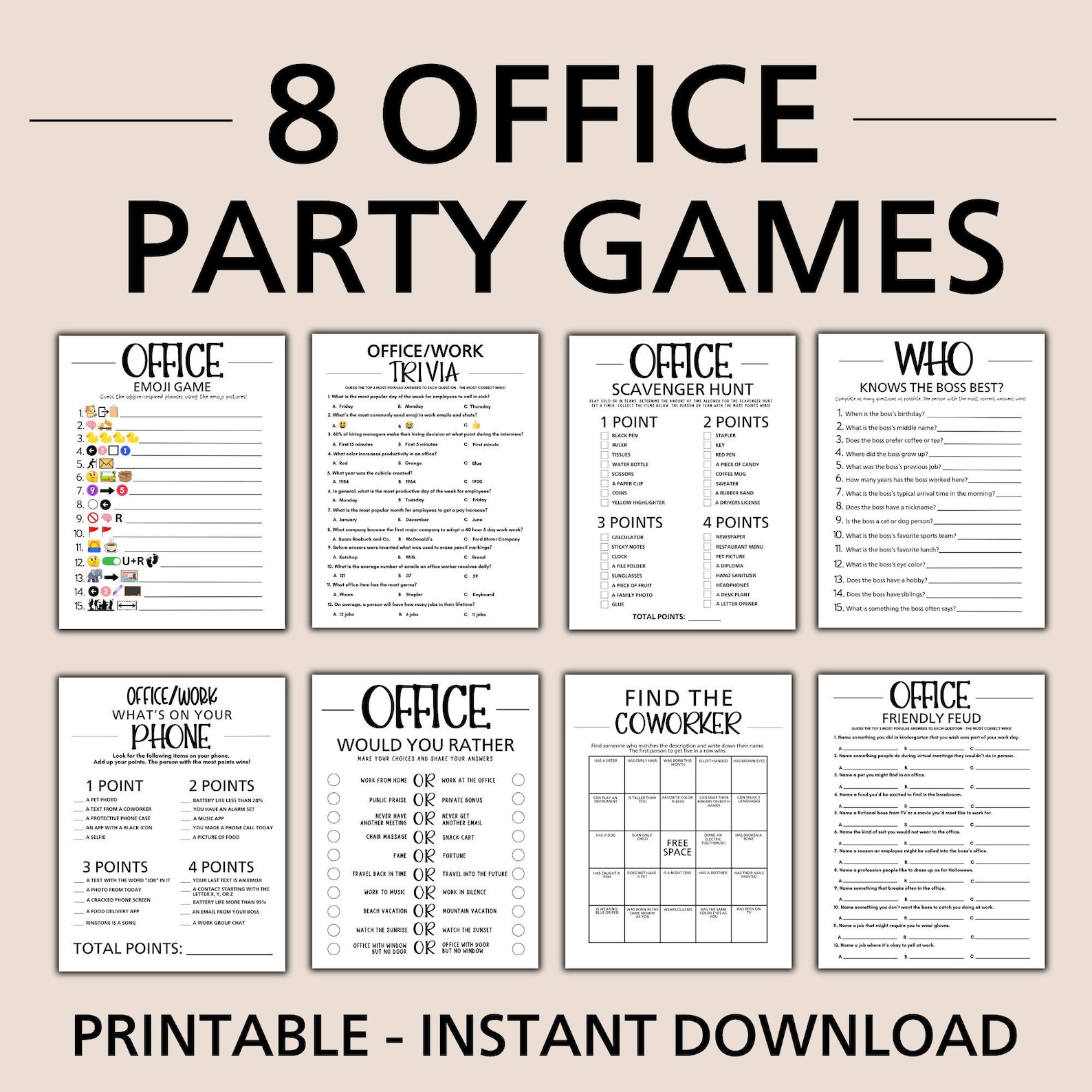 Office Party Games, Printable Work Party Game Bundle, Team Building ...