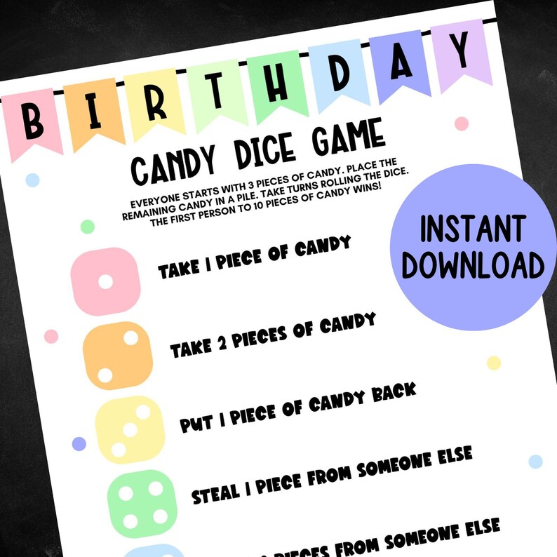Birthday Candy Dice Game, Printable Pastel Birthday Party Game, Fun ...