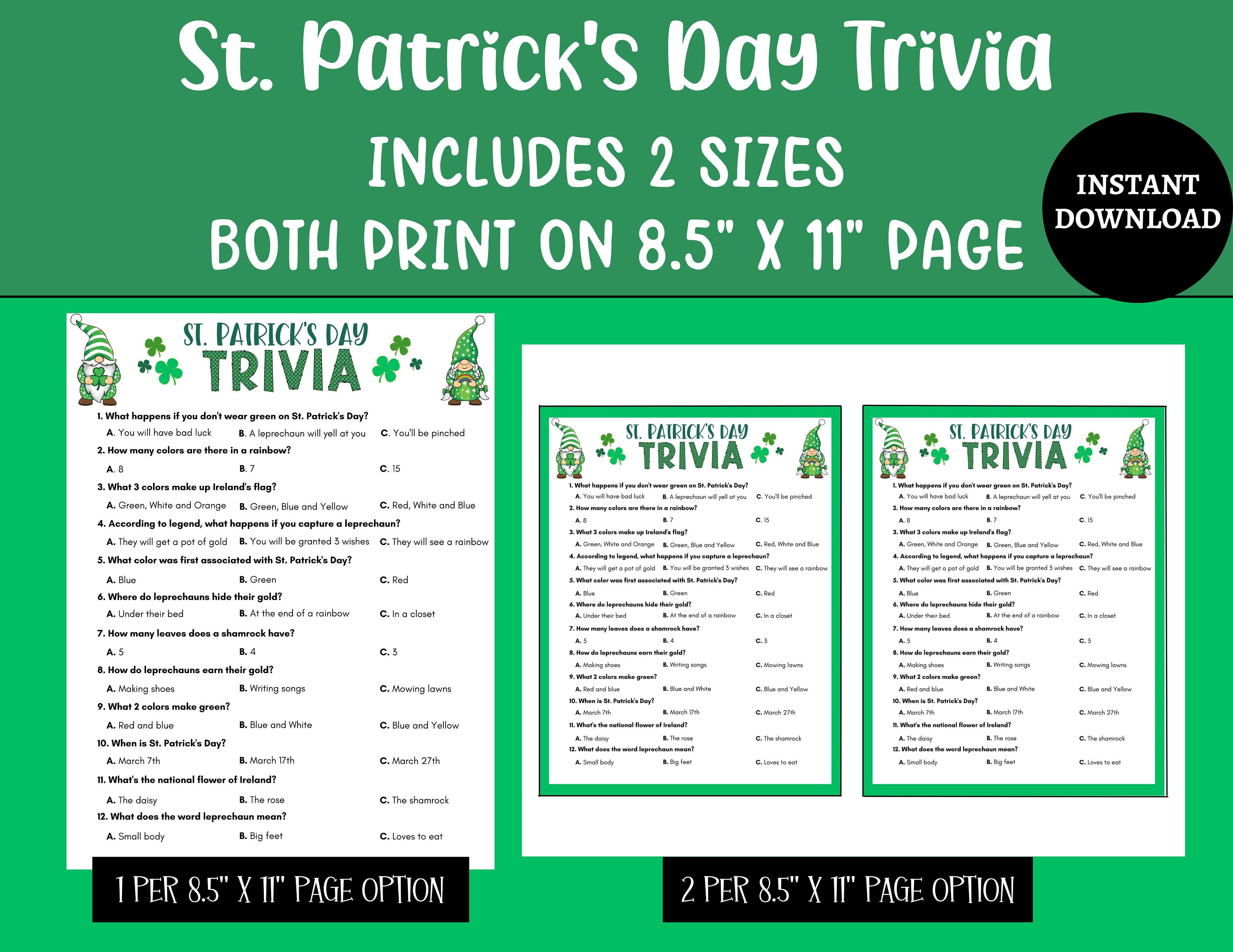 St. Patrick's Day Trivia Game, St. Patrick's Day Printable Game, Trivia ...