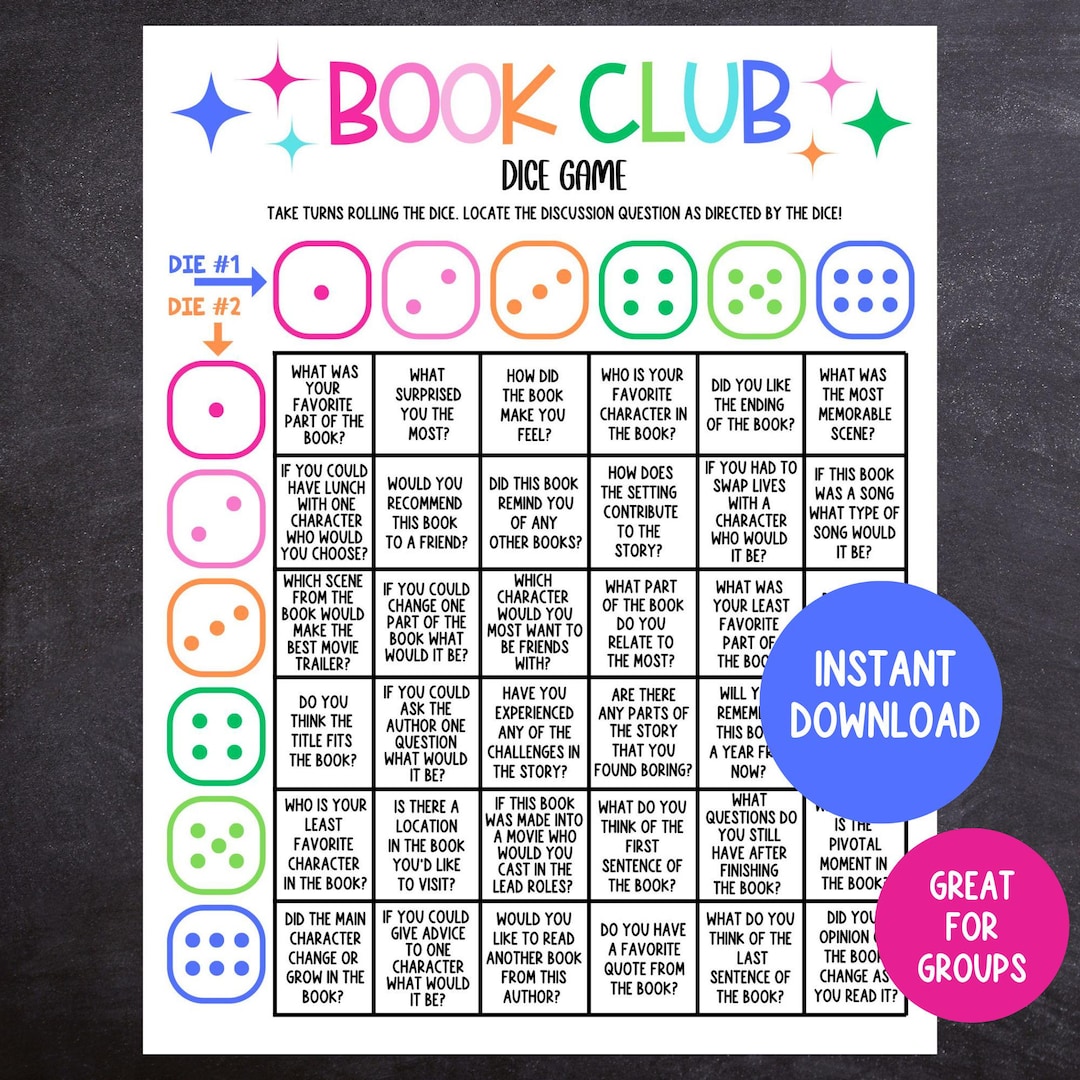 Book Club Dice Game, Printable Reading Group Discussion Questions, Easy ...