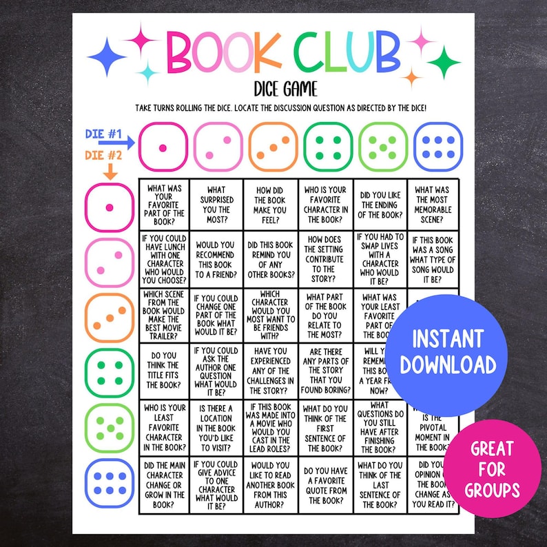 Book Club Dice Game, Printable Reading Group Discussion Questions, Easy ...