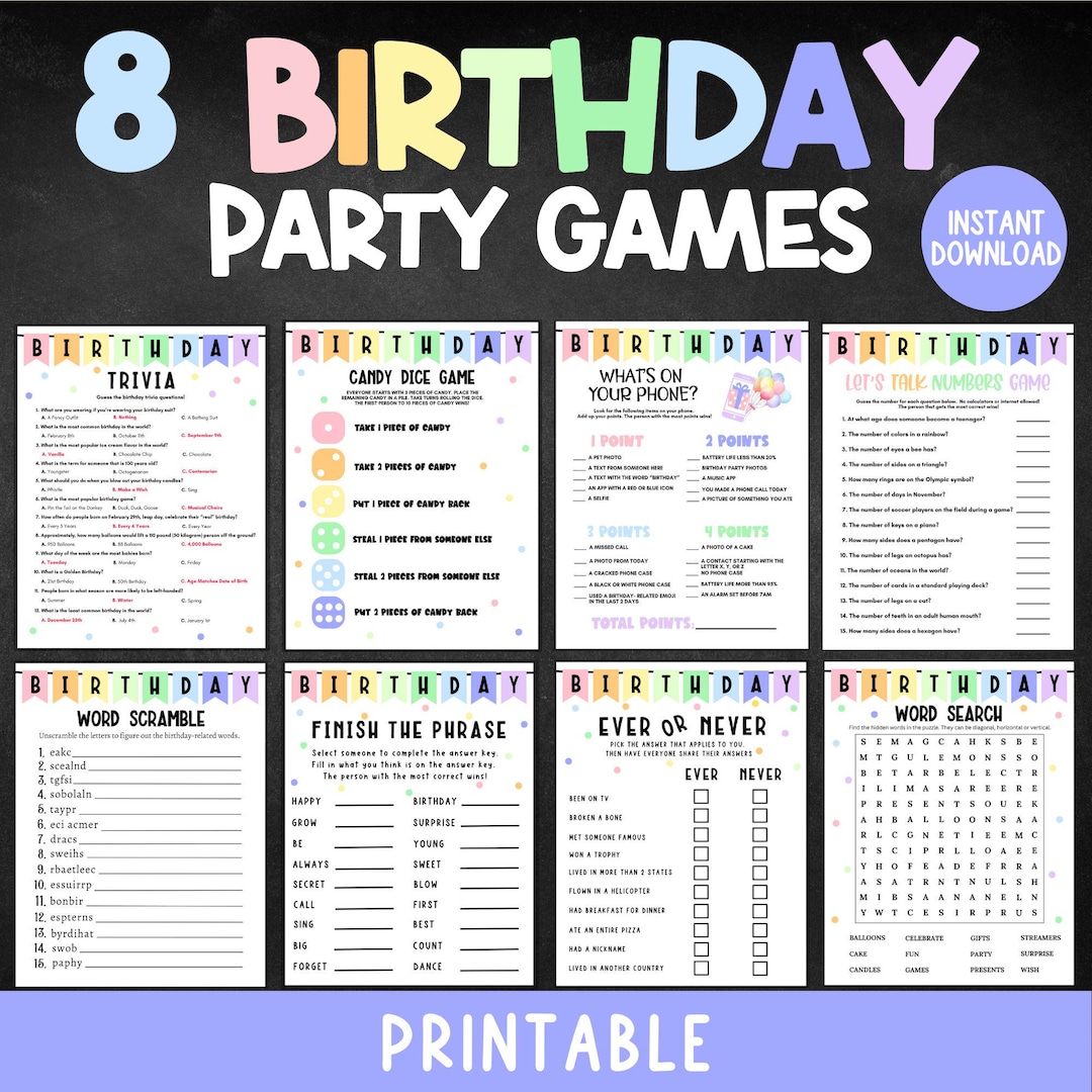 Birthday Party Games, Printable Pastel Birthday Game Bundle, Birthday ...