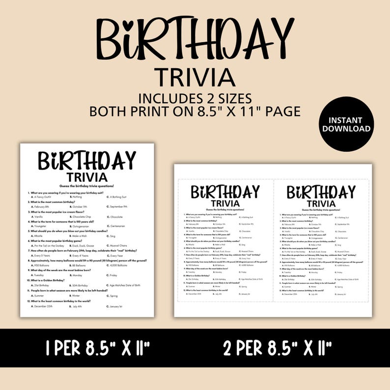 Birthday Trivia Game, Printable Birthday Game, Easy Birthday Game for ...