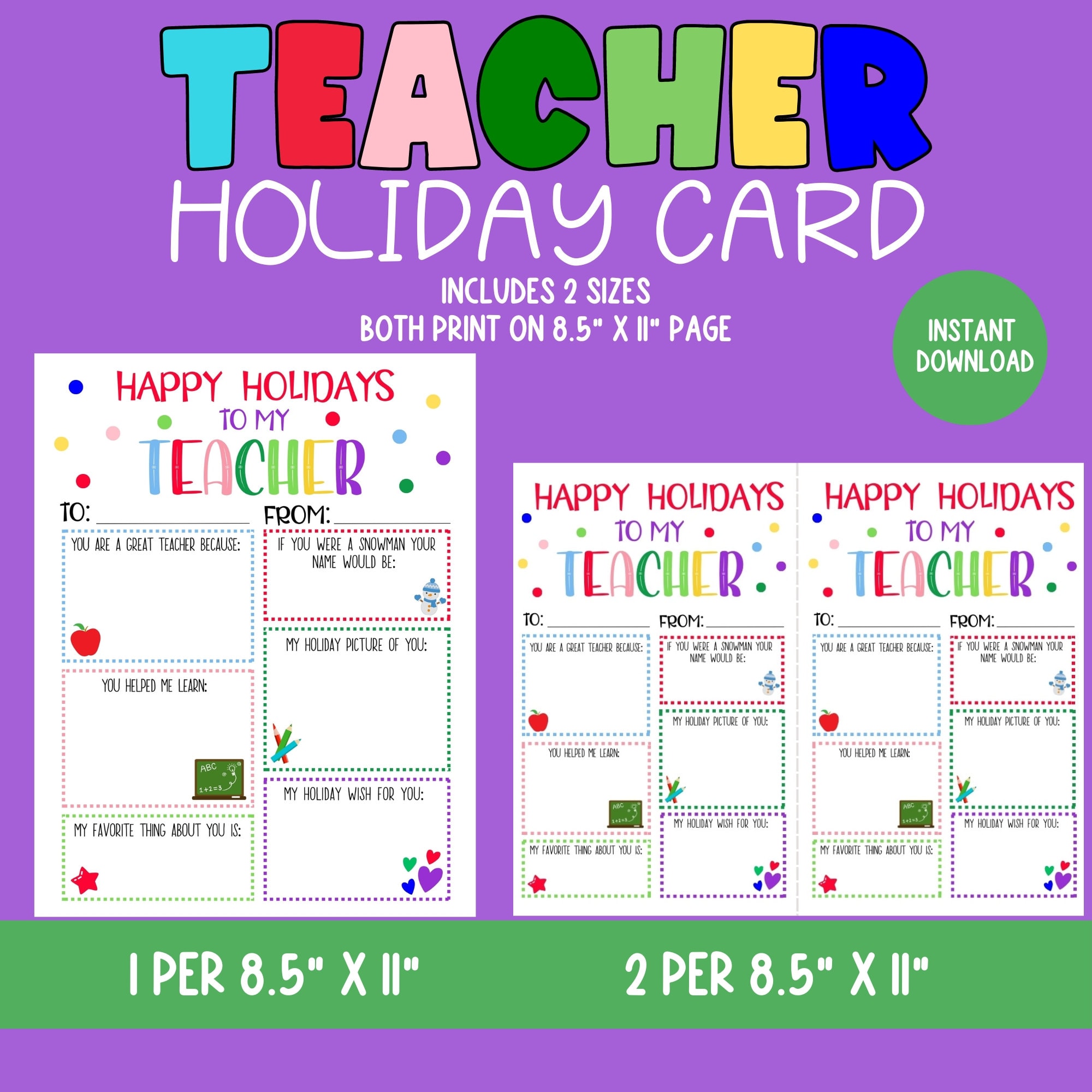Teacher Holiday Card, Printable Kids Holiday Card for Teachers, Teacher ...