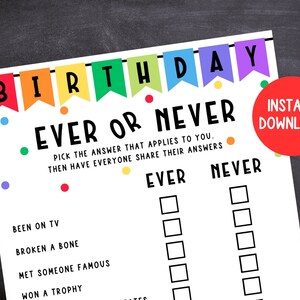 Birthday Party Game, Printable Birthday Ice Breaker, Ever or Never Game ...