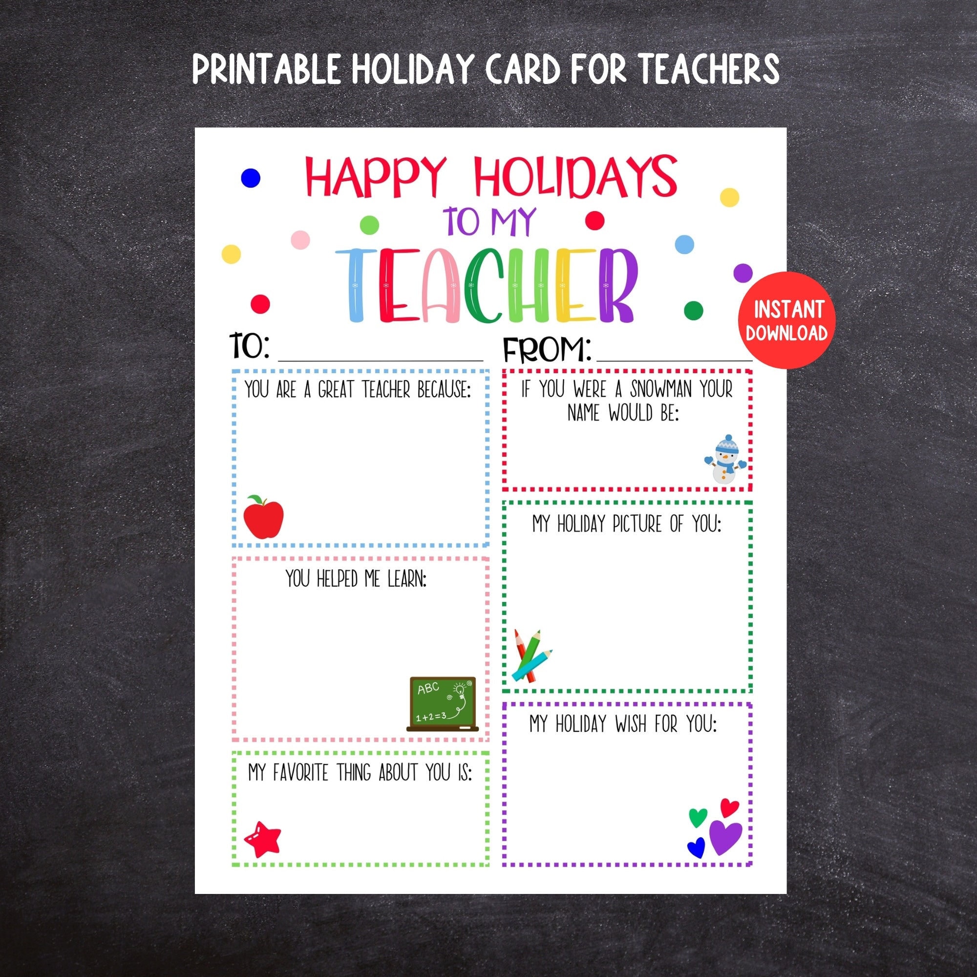 Teacher Holiday Card, Printable Kids Holiday Card for Teachers, Teacher ...