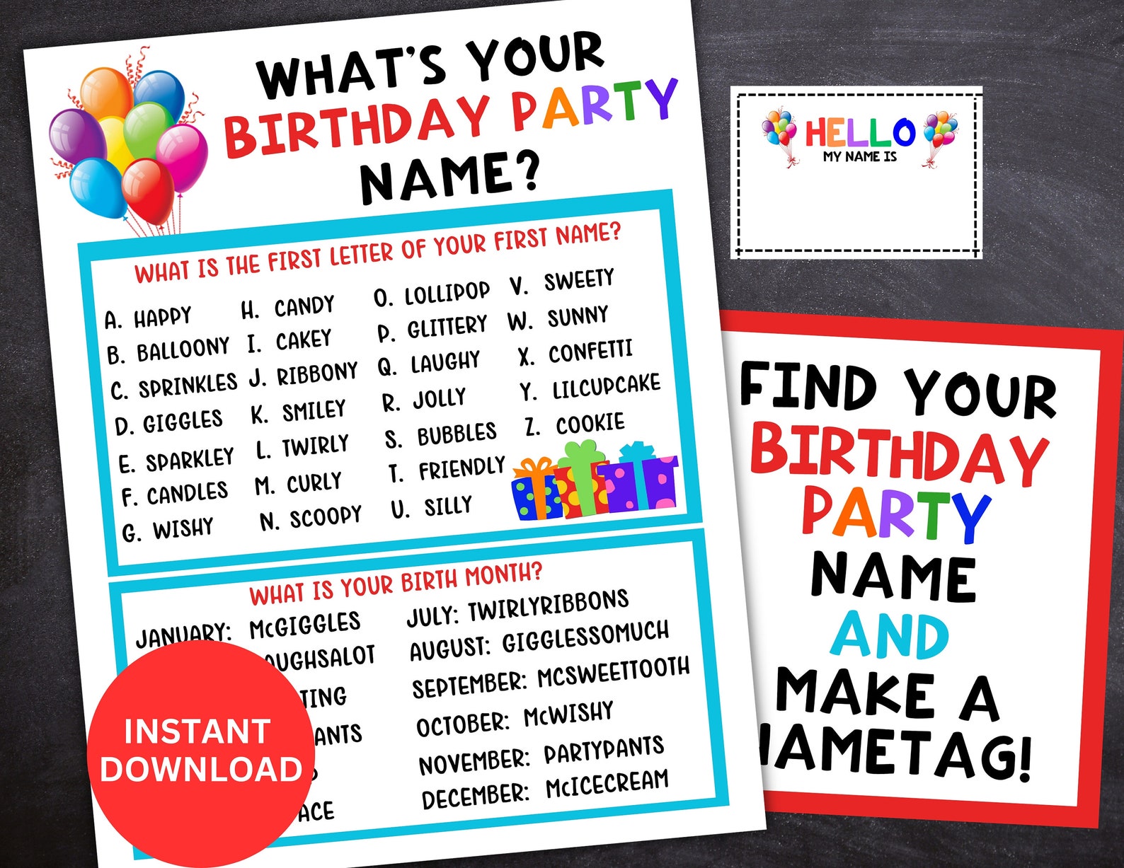 What's Your Birthday Party Name Game WITH Name Tags & Sign, Birthday ...