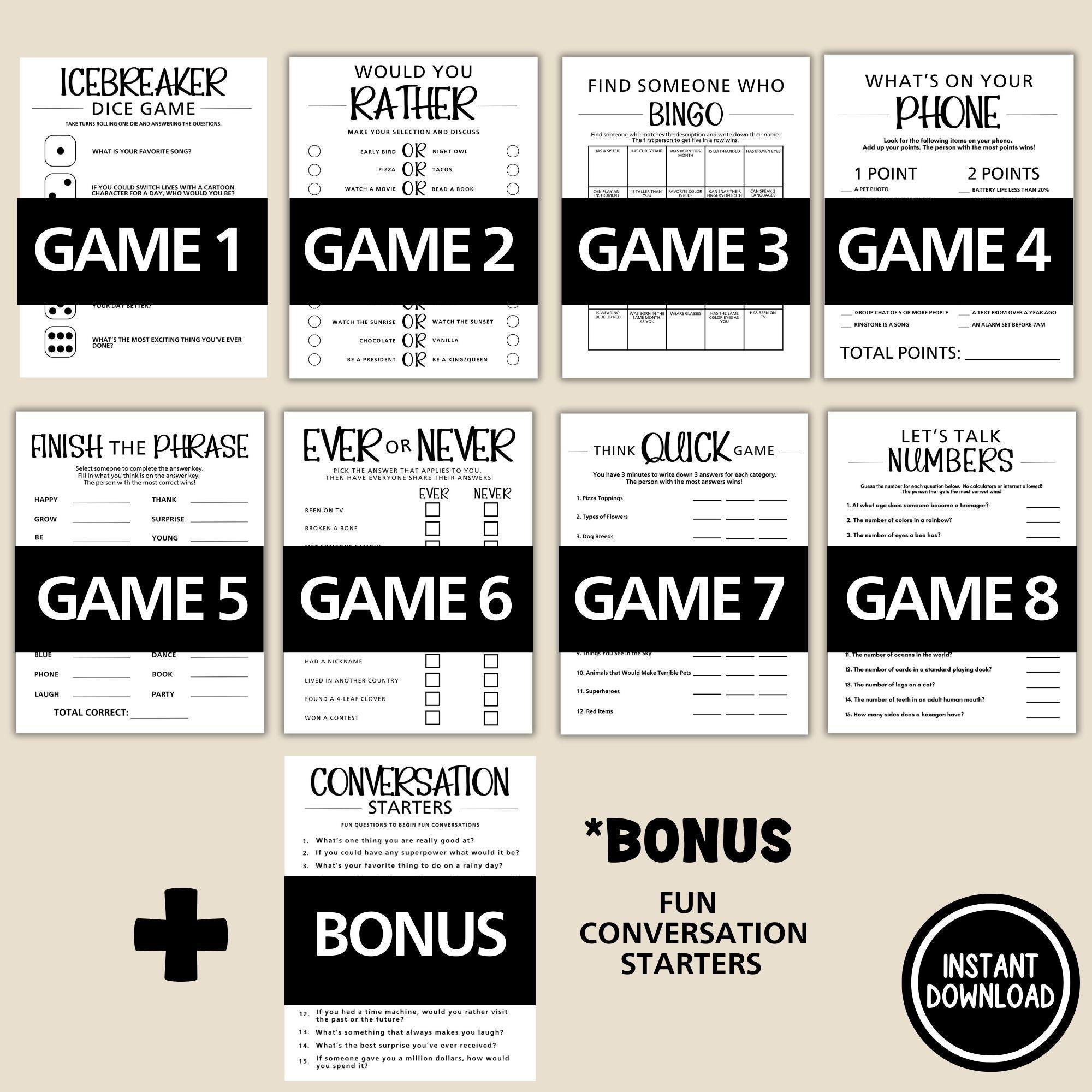 Icebreaker Games Bundle, Printable Conversation Starters, Party Starter ...