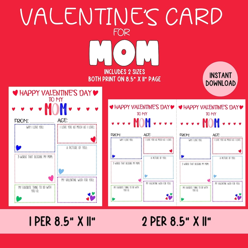 Kids Valentines Card for Mom, Printable Mom Valentines Card, Keepsake ...