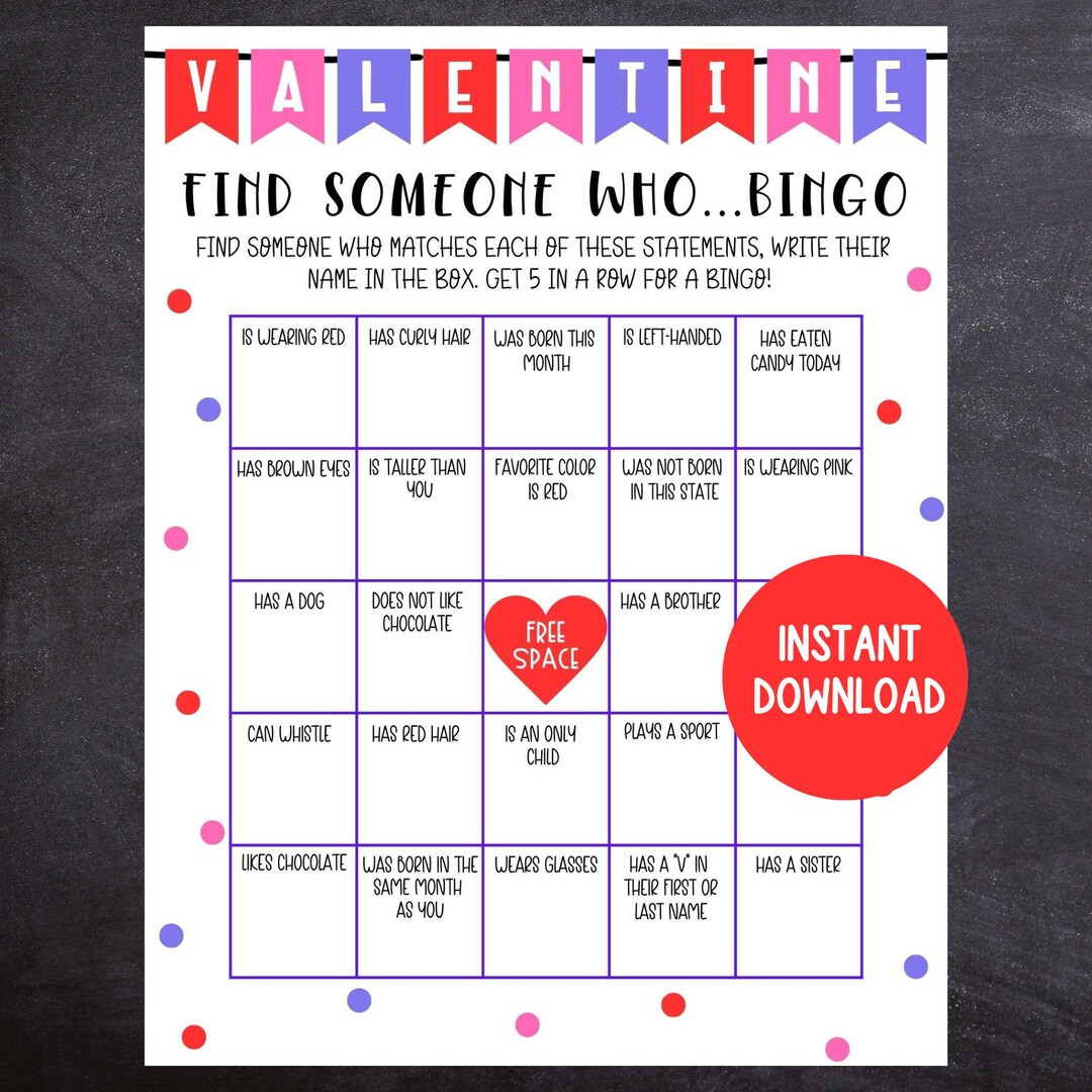 Valentines Find Someone Bingo Game, Printable Human Bingo, Valentines ...