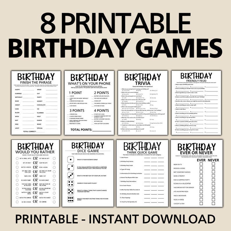 Birthday Party Games, Printable Birthday Game Bundle, Birthday Party ...