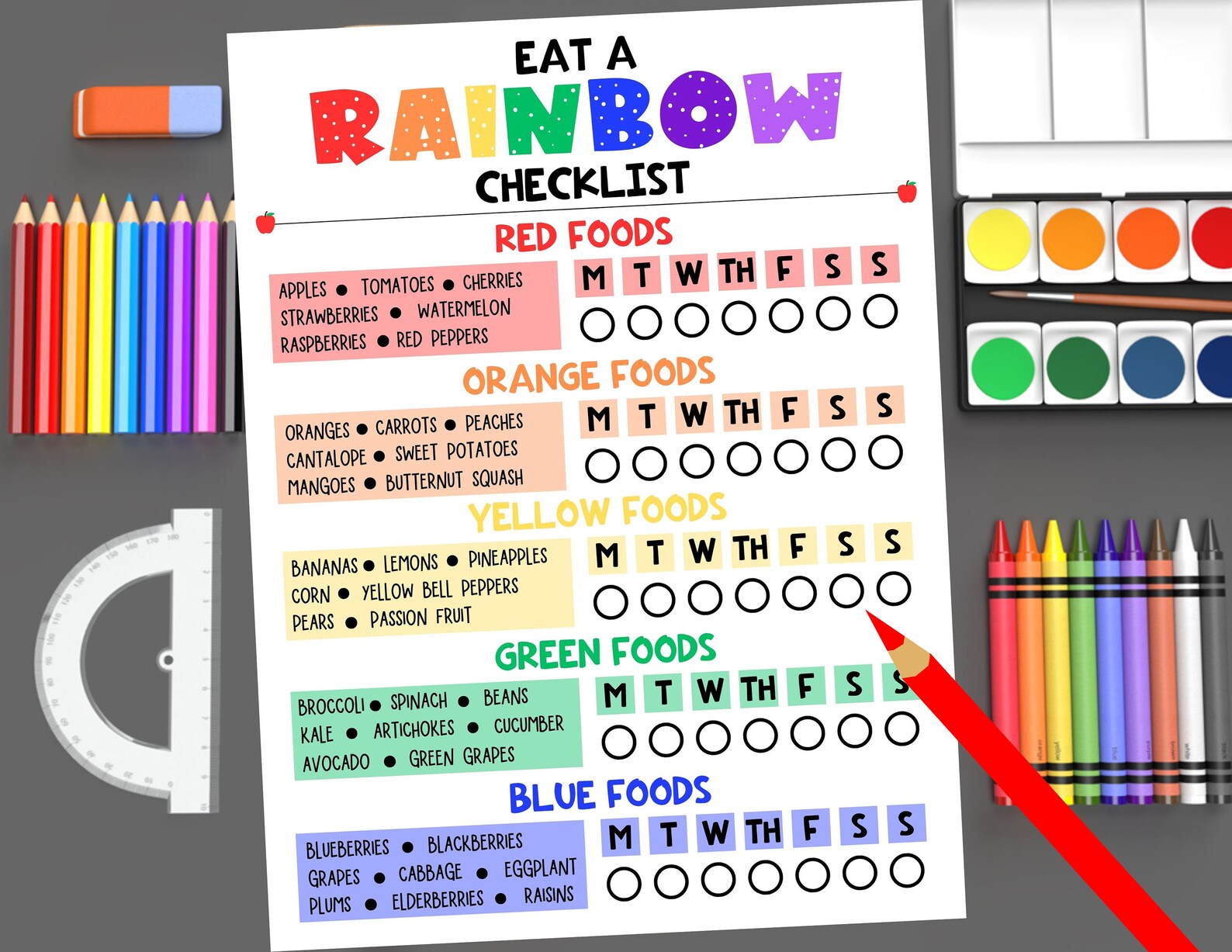 Healthy Eating Checklist, Printable Eat A Rainbow Checklist for Kids ...