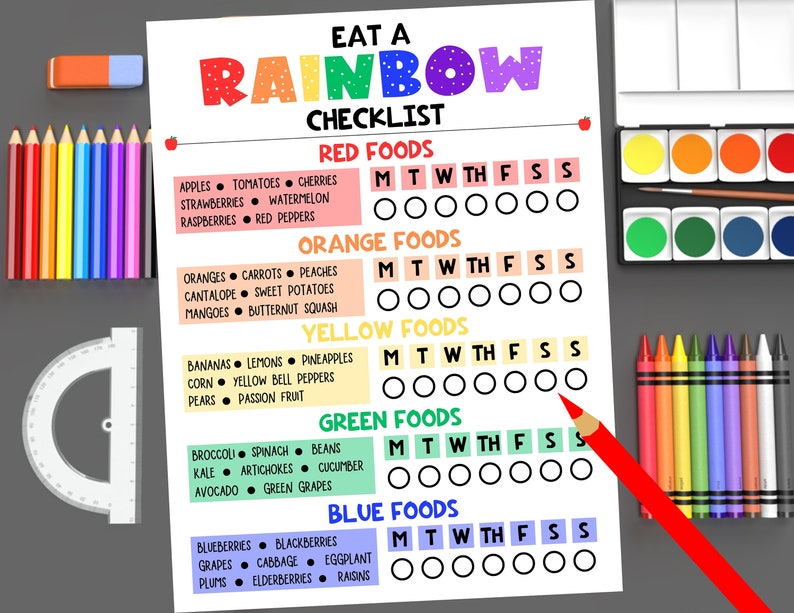 Healthy Eating Checklist, Printable Eat A Rainbow Checklist for Kids ...