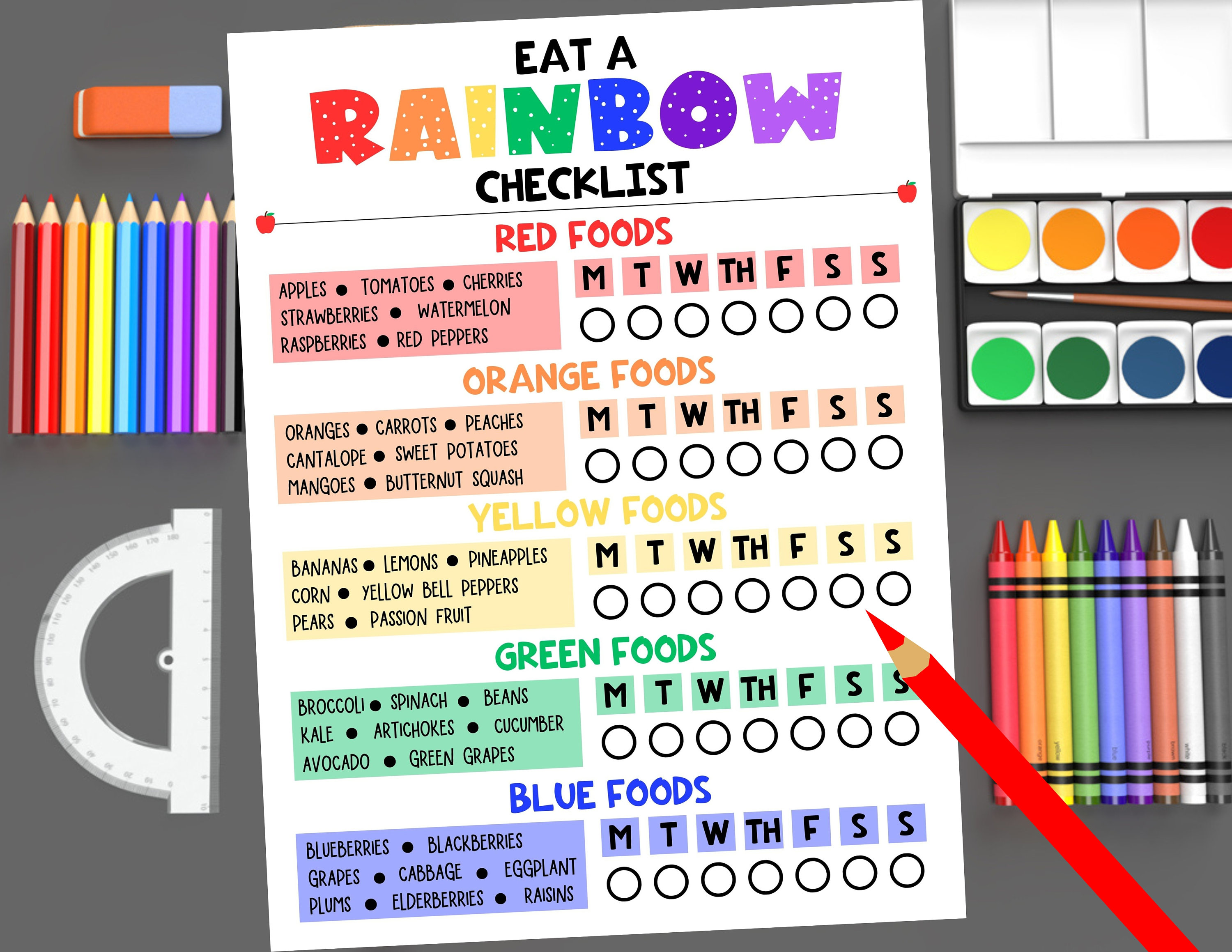 Healthy Eating Checklist, Printable Eat A Rainbow Checklist for Kids ...