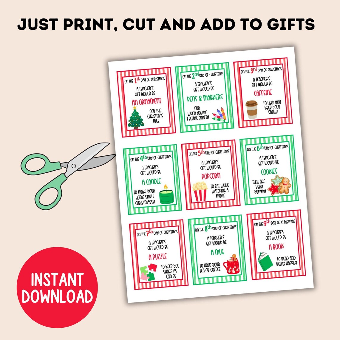 Teacher Christmas Gift, Printable 12 Days of Christmas Gift Tags for ...