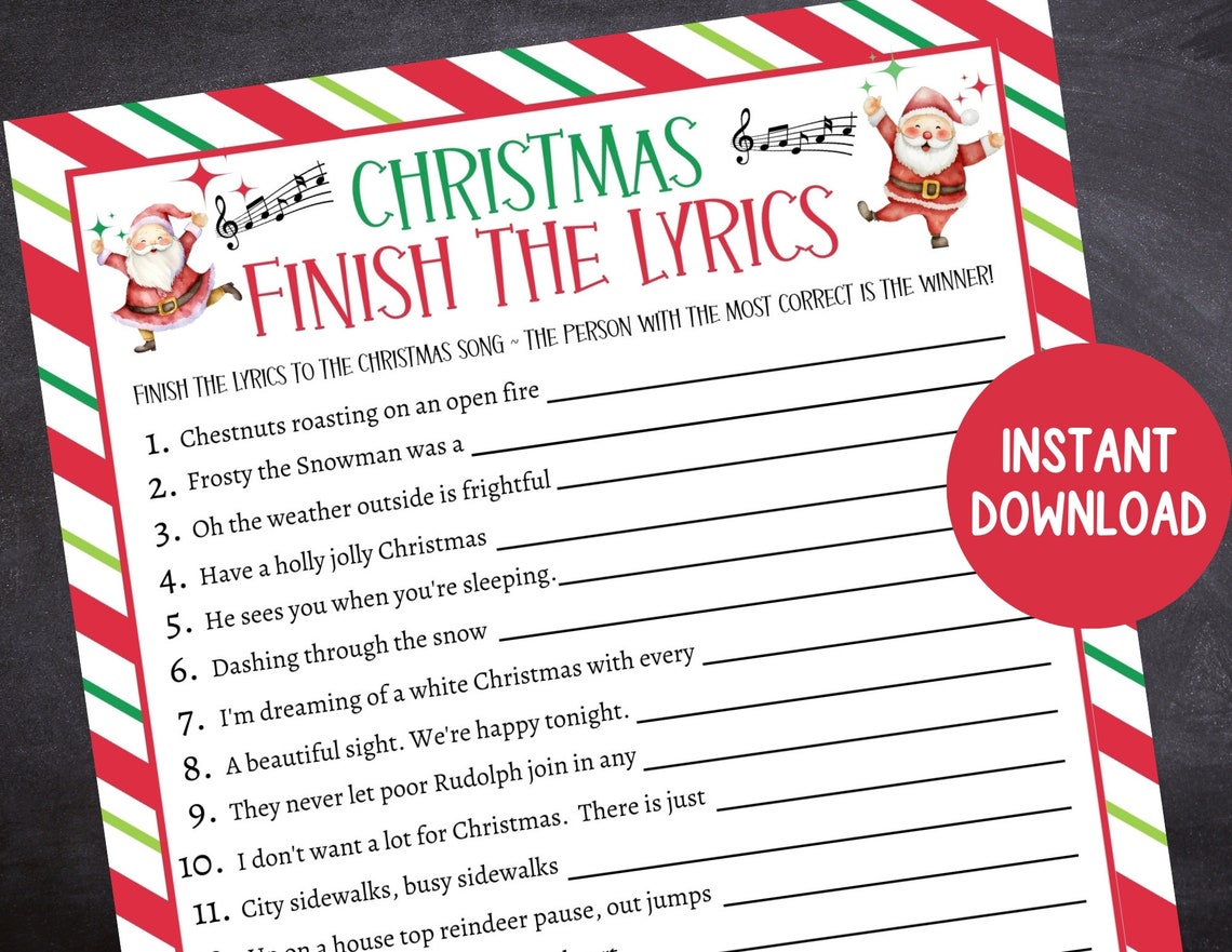 Printable Christmas Game, Christmas Song Trivia Game, Christmas Finish ...