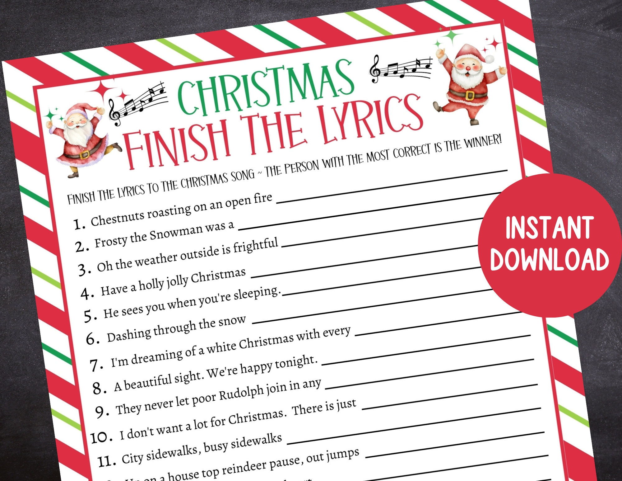 Printable Christmas Game, Christmas Song Trivia Game, Christmas Finish ...