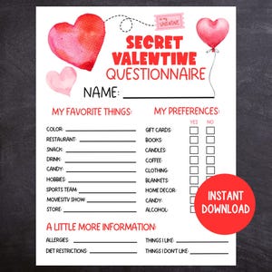Printable Secret Valentine Questionnaire for Valentine Gift Exchange ...