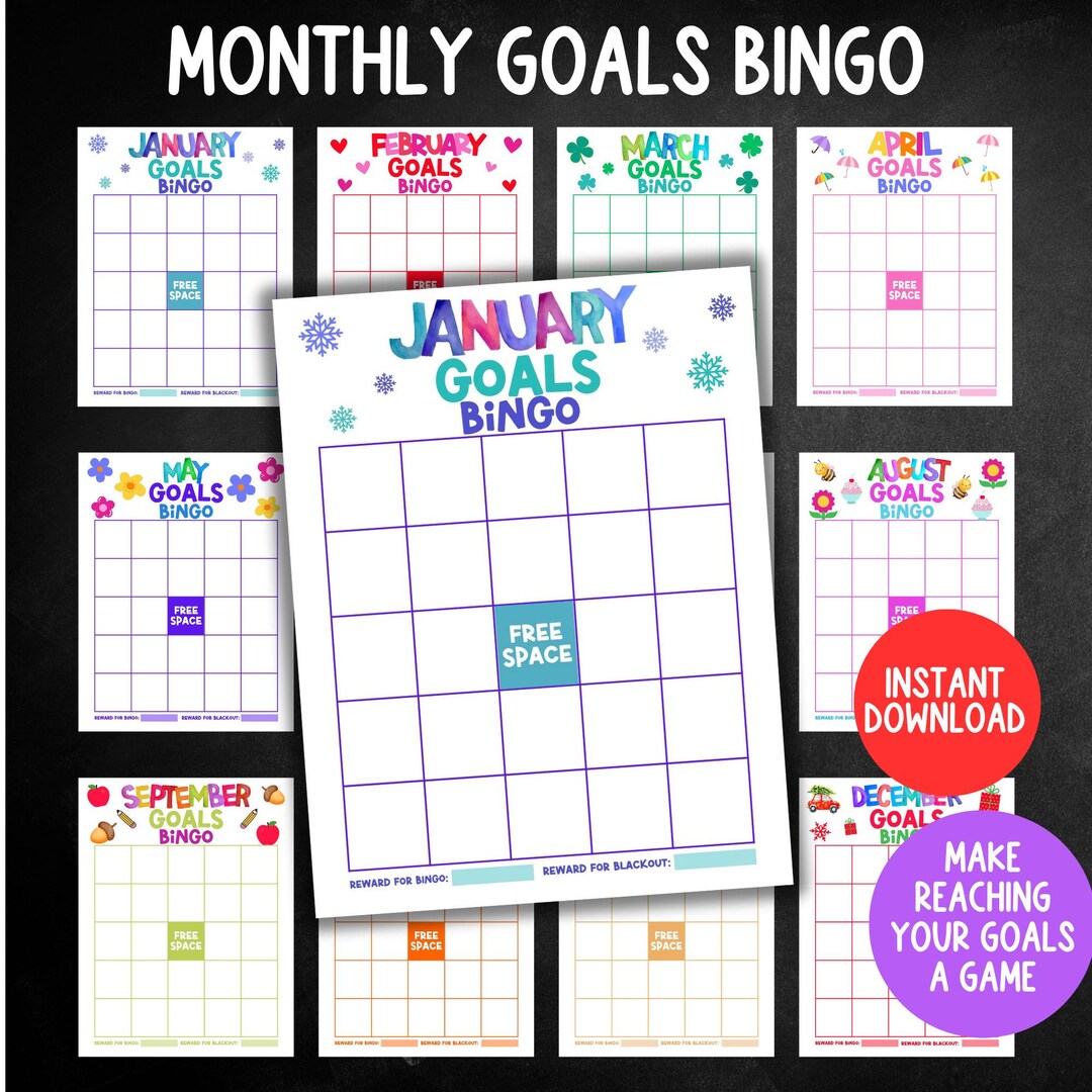 Make Goal Setting Fun With Monthly Goals Bingo, Printable Goal Tracking ...