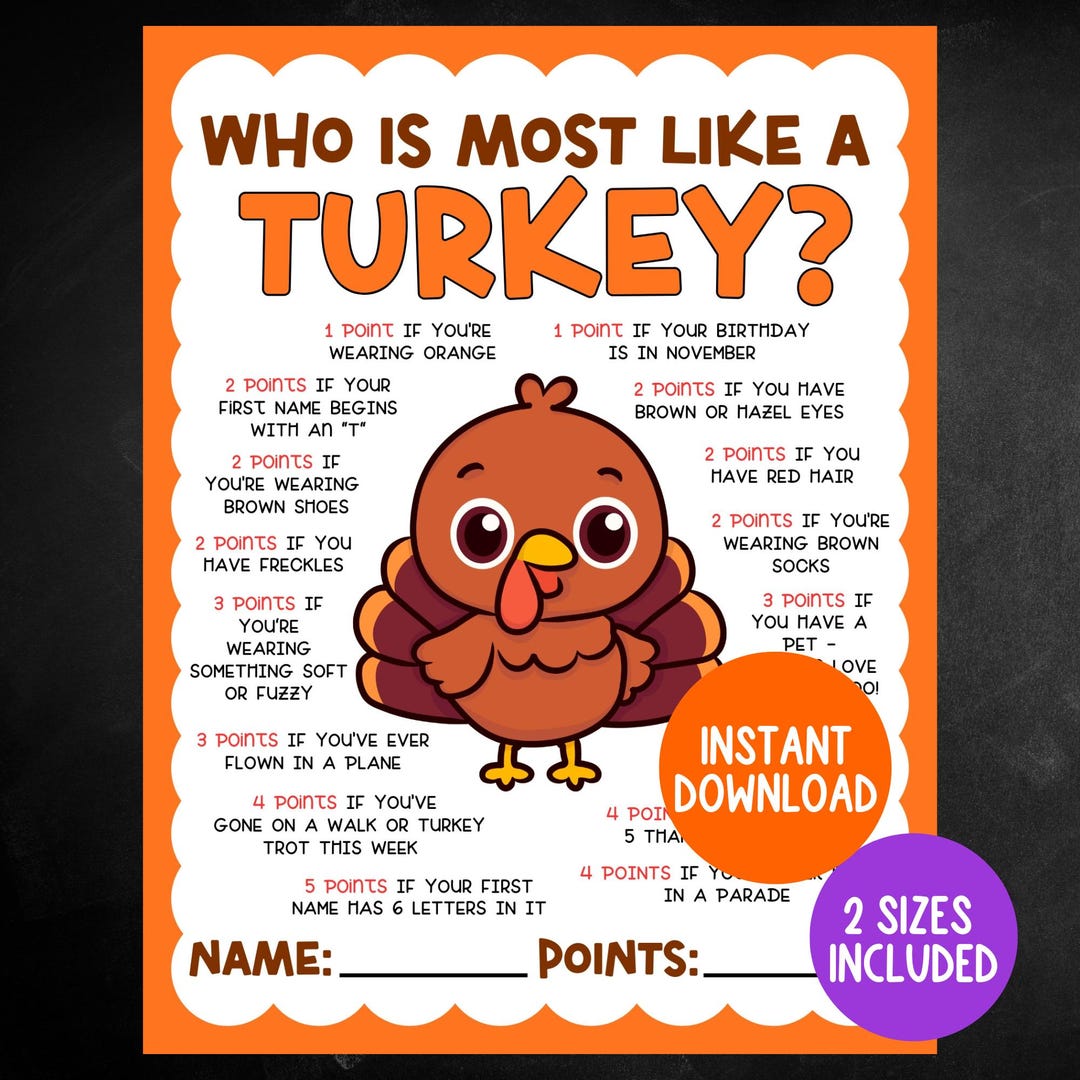 Thanksgiving Game, Printable Thanksgiving Party Game, Who is Most Like ...