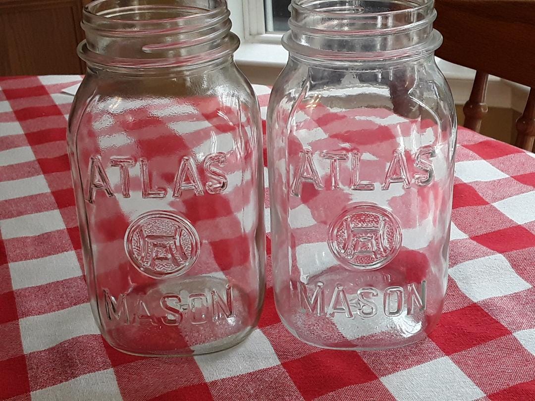 Two Vintage Atlas Quart Mason Jars, Square Shape Logo Mfg From 1915 ...