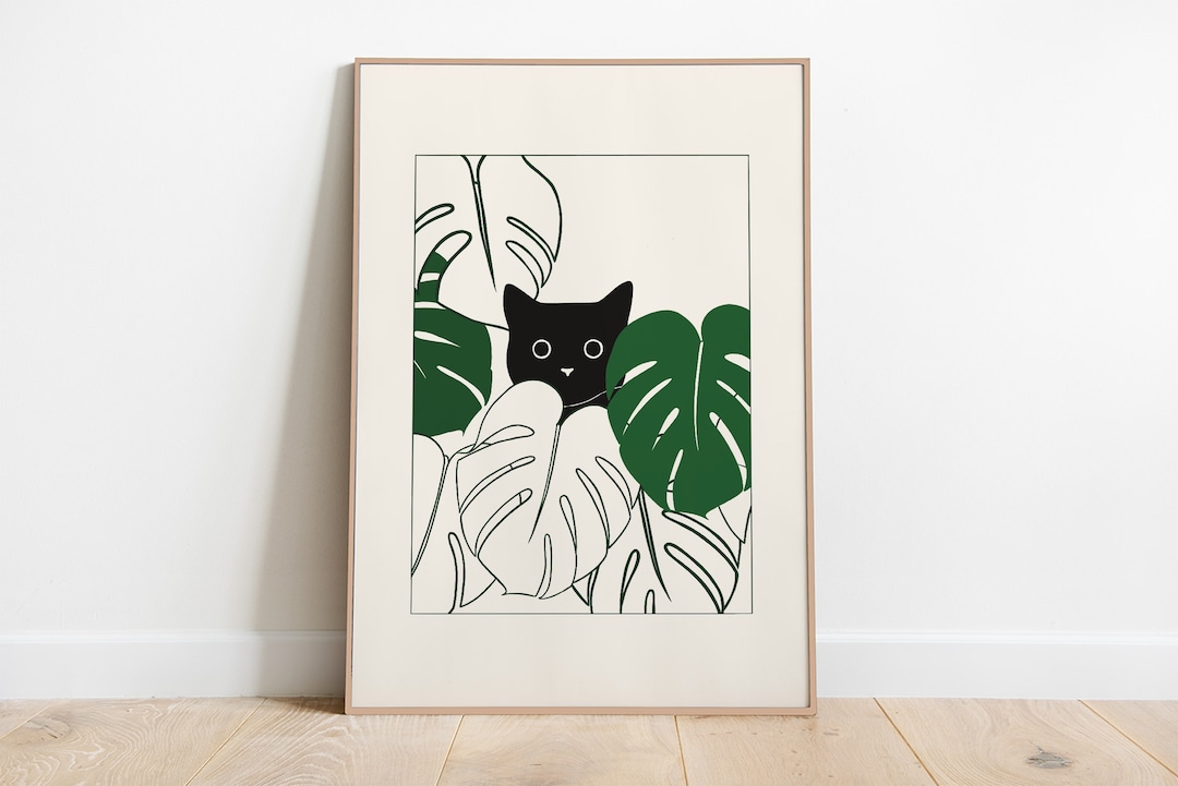 Black Cat With Monstera, Monstera Art Print, Cat Art Print, Black Cat ...