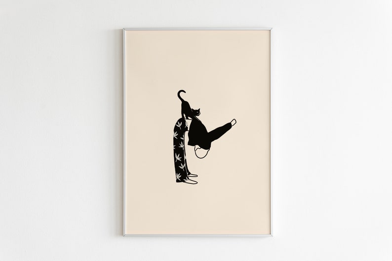 Morning Cat Stretch Print, Line Art Print, Cat Wall Art, Cat Lover Art ...